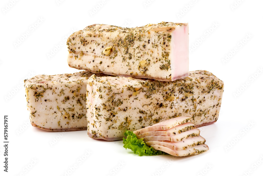 Piece of salty high-fat meat cooked with spices. Salo, bacon, lard ...