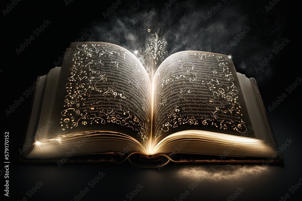 Holy Quran open over dark background. Magical illustration effect ...