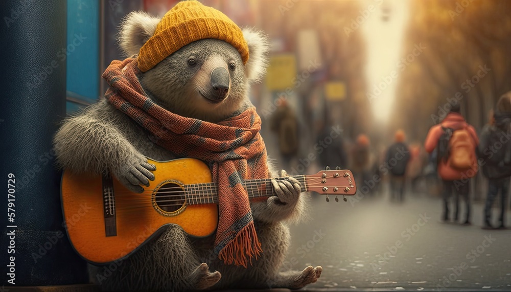 A charismatic koala dressed in a hipster beanie and scarf, playing an ...