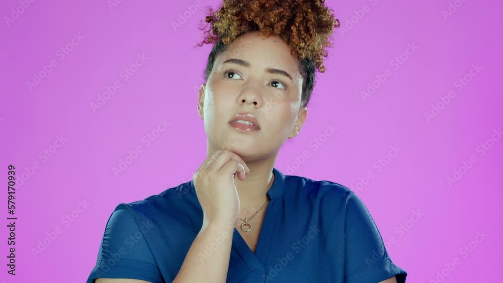 Thinking, black woman face and studio of a young female with an idea ...