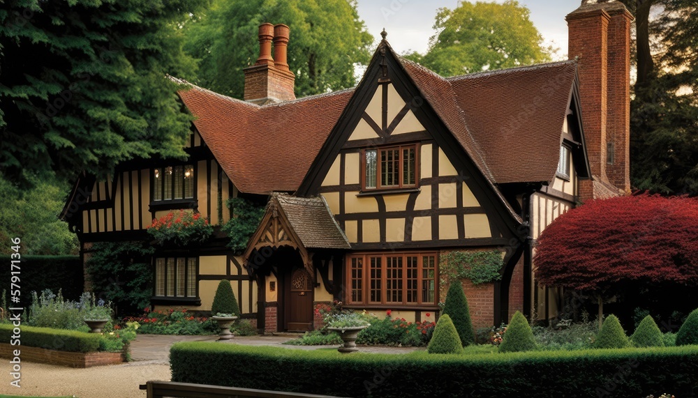 A Tudor-style house with exposed timber beams, steeply pitched roofs ...