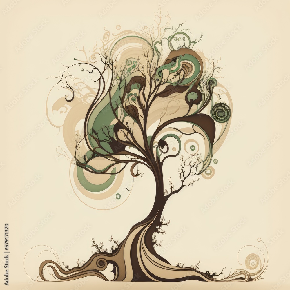 An abstract representation of a tree, made up of a mix of swirling ...