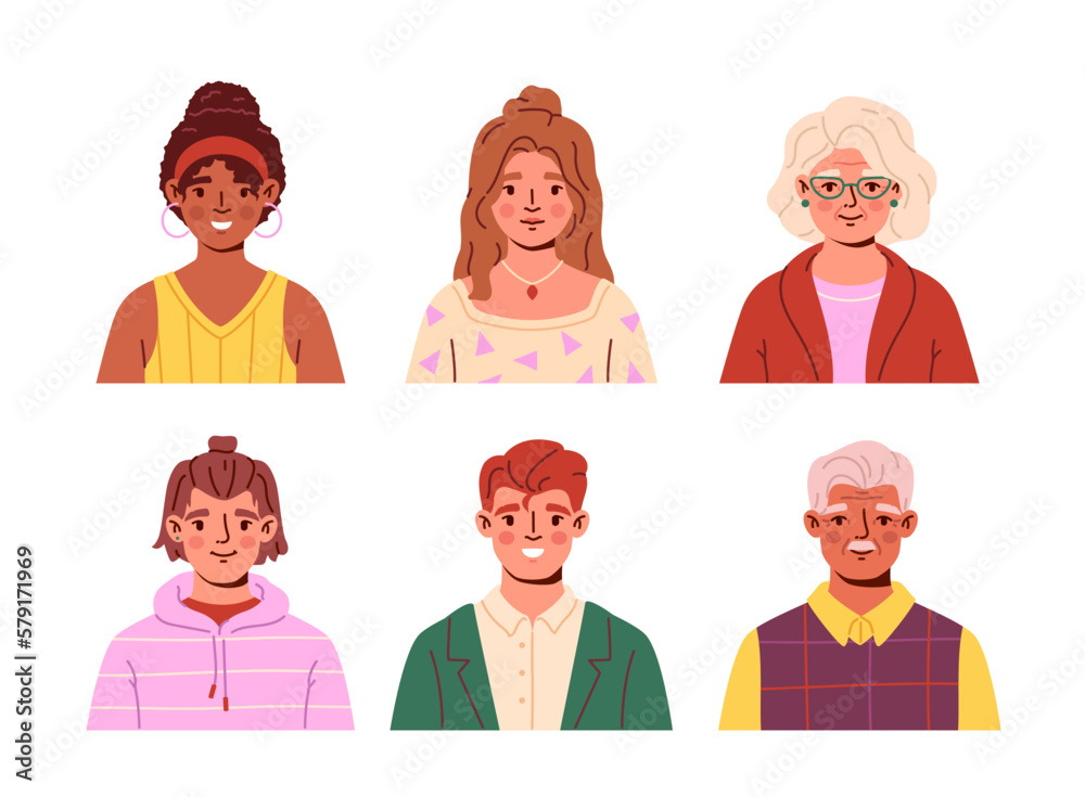 Set of portraits of different people. Multiracial men and women of ...