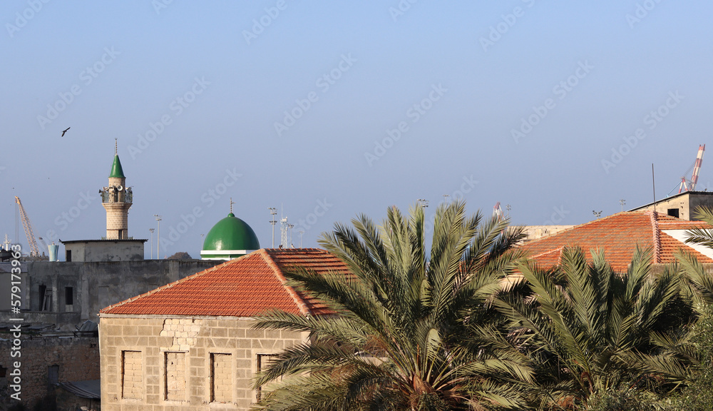Haifa city view. Red tiled roofs, green mosque, blue sky. Architecture ...