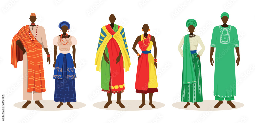 Set of African people in tribal costumes. Men and women in traditional ...