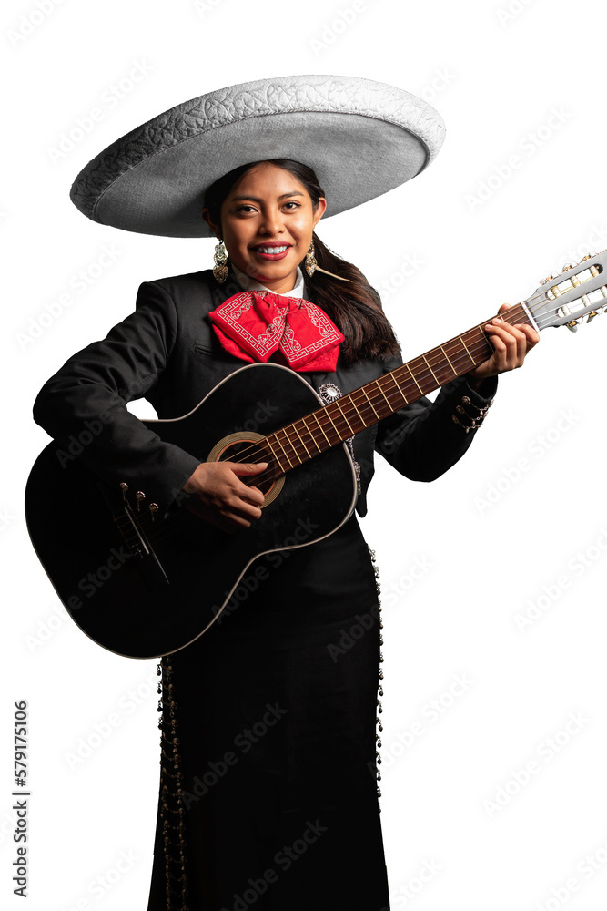 female mexican mariachi woman playing guitar smiling using a ...