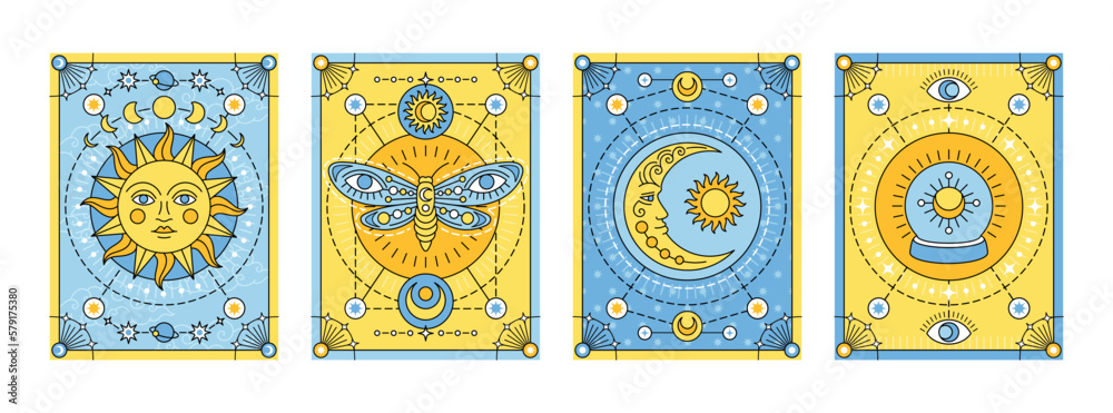 Celestial Poster Set. Magical or mystical covers with sun, crescent ...