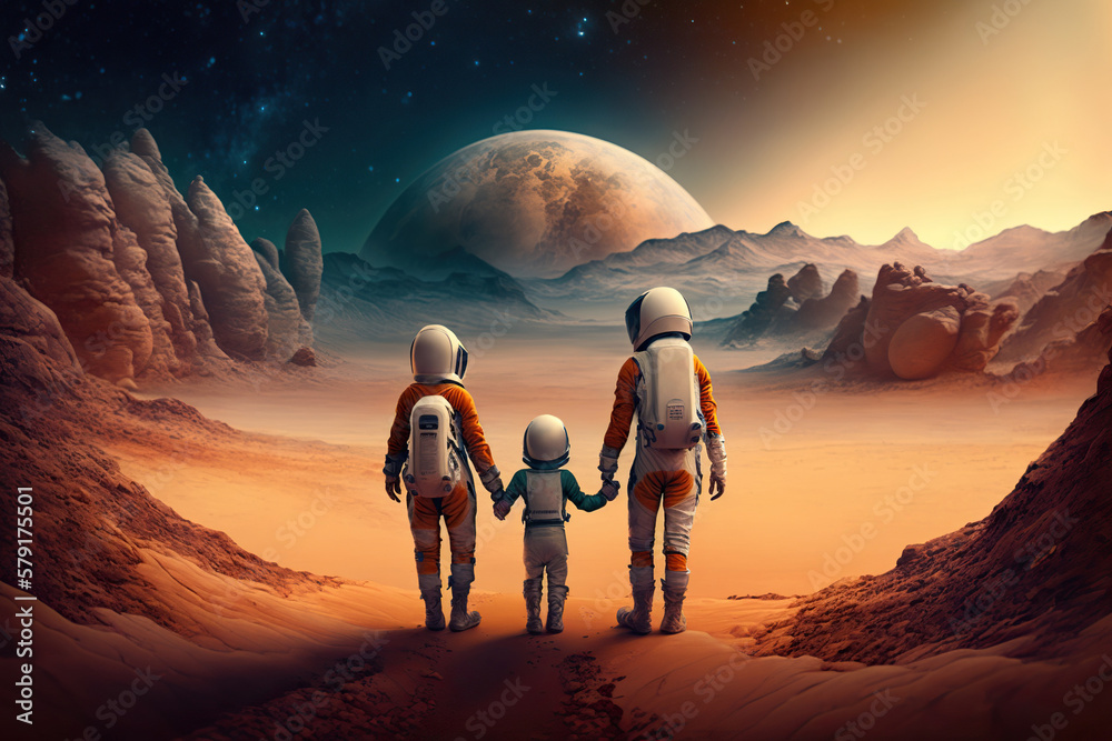A family with a child dressed as astronauts hold hands standing on Mars ...