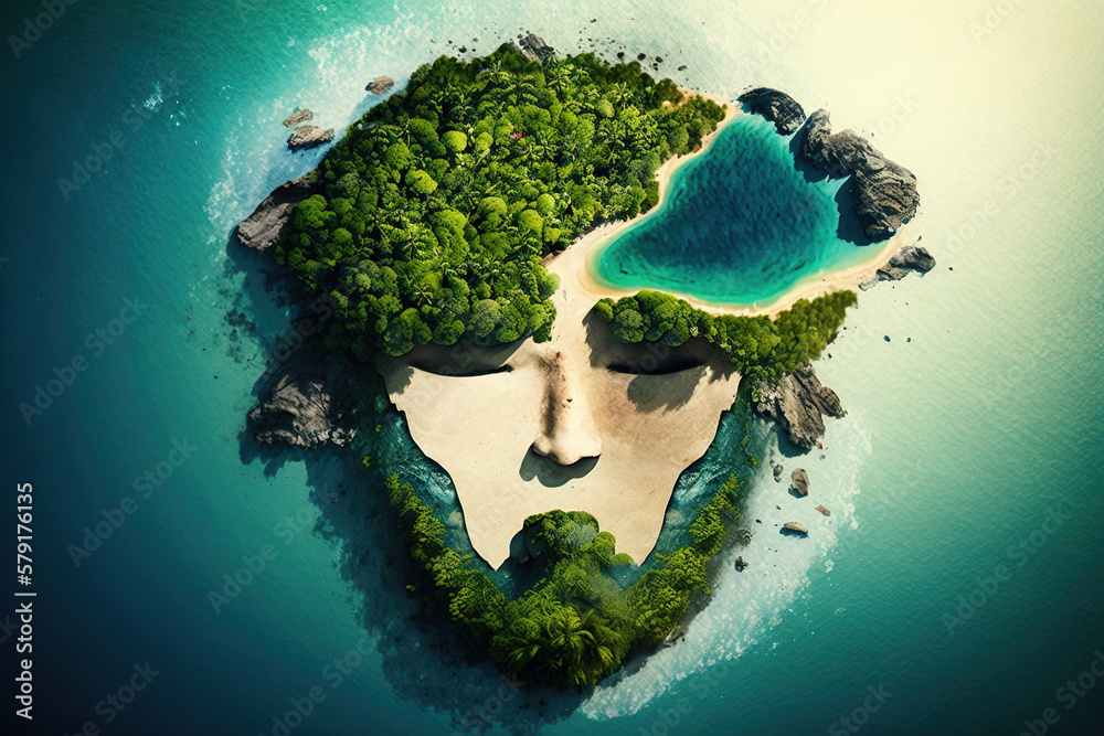 Aerial view of a small tropical island in human face shape, concept of ...