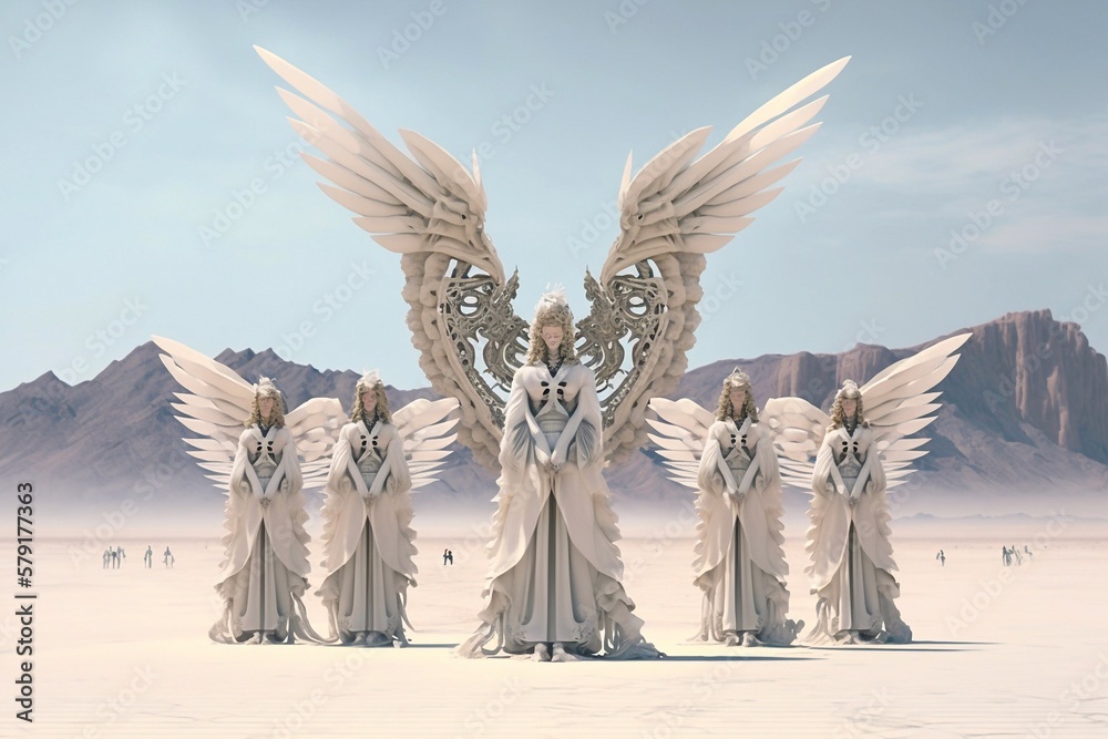 Alien angels in the desert with humans praying to them. Generative AI ...