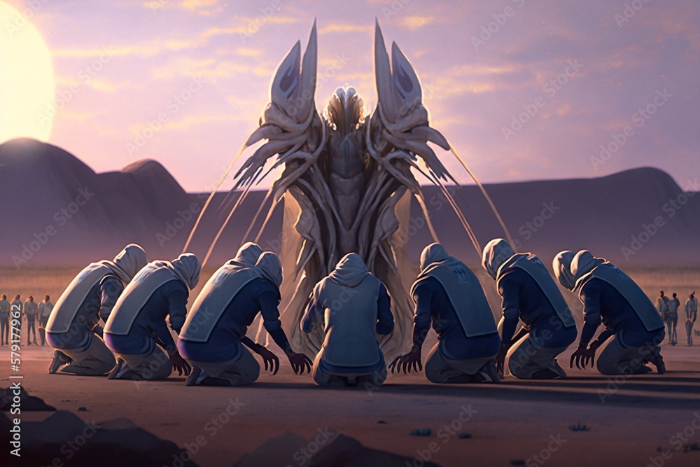 Alien angels in the desert with humans praying to them. Generative AI ...