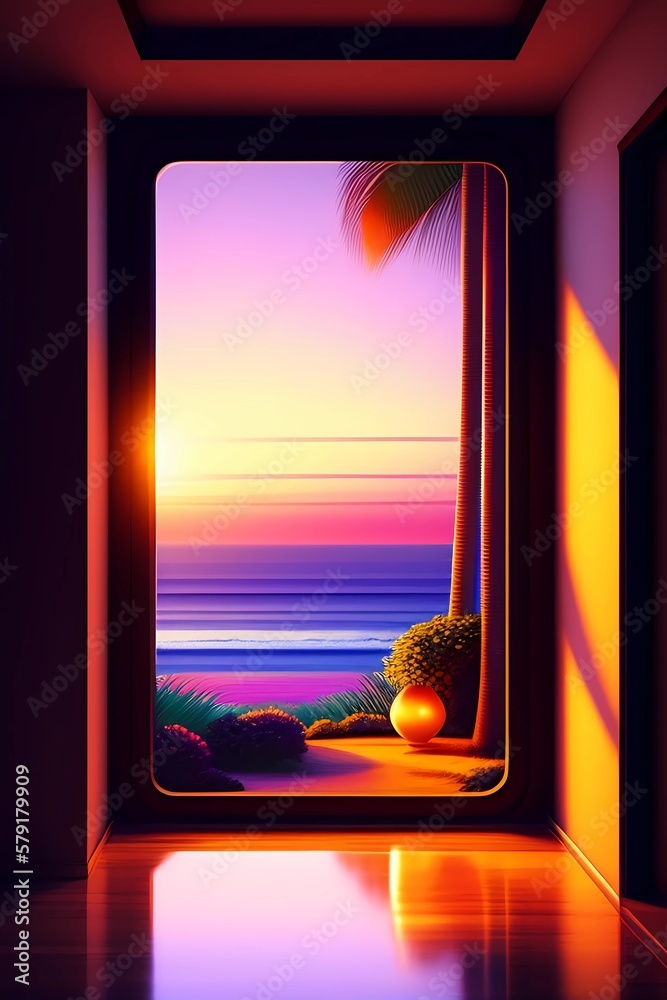 big window, holiday vibes hawaii, living room, futuristic, ultra ...