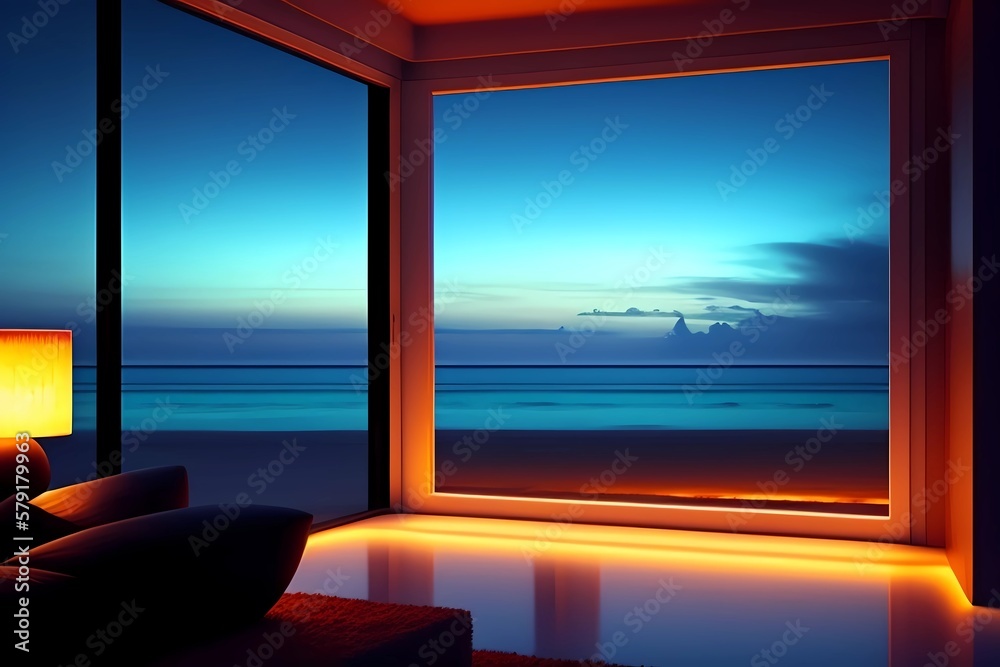 big window, holiday vibes hawaii, living room, futuristic, ultra ...