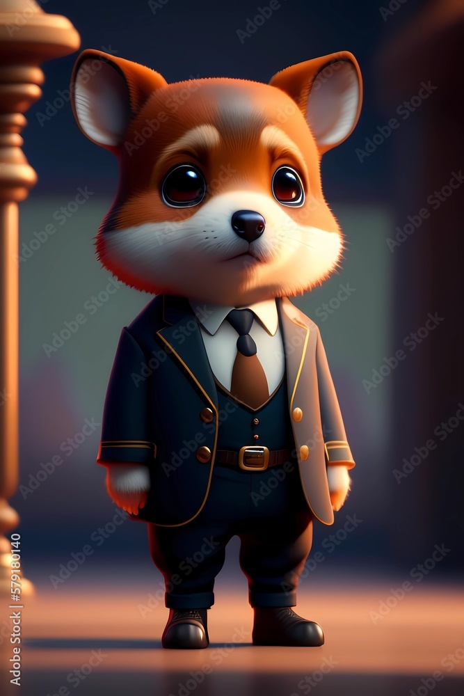 Cute small standing on 2 feet on theater wearing detective clothes ...