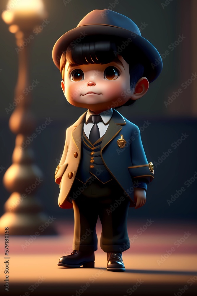 Cute small standing on 2 feet on theater wearing detective clothes ...