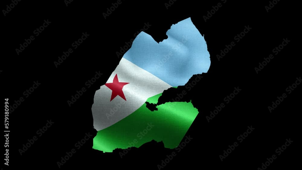 4K waving national flag of Djibouti on the map. With alpha channel seamless Djiboutian flag on ...