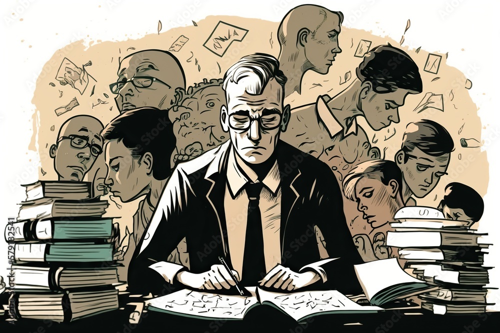 Teacher sitting at desk looking stressed and overworked, piles of ...