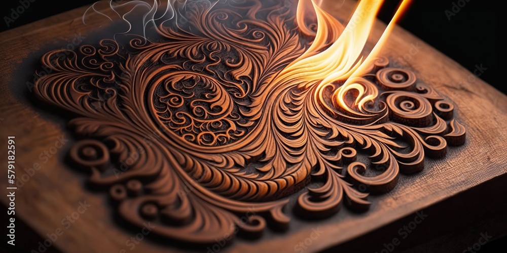 Burning intricate designs onto piece of wood or leather with smoke ...