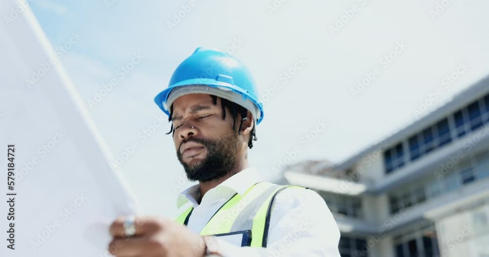 Black man, architect and blueprint in disagreement for architectural ...