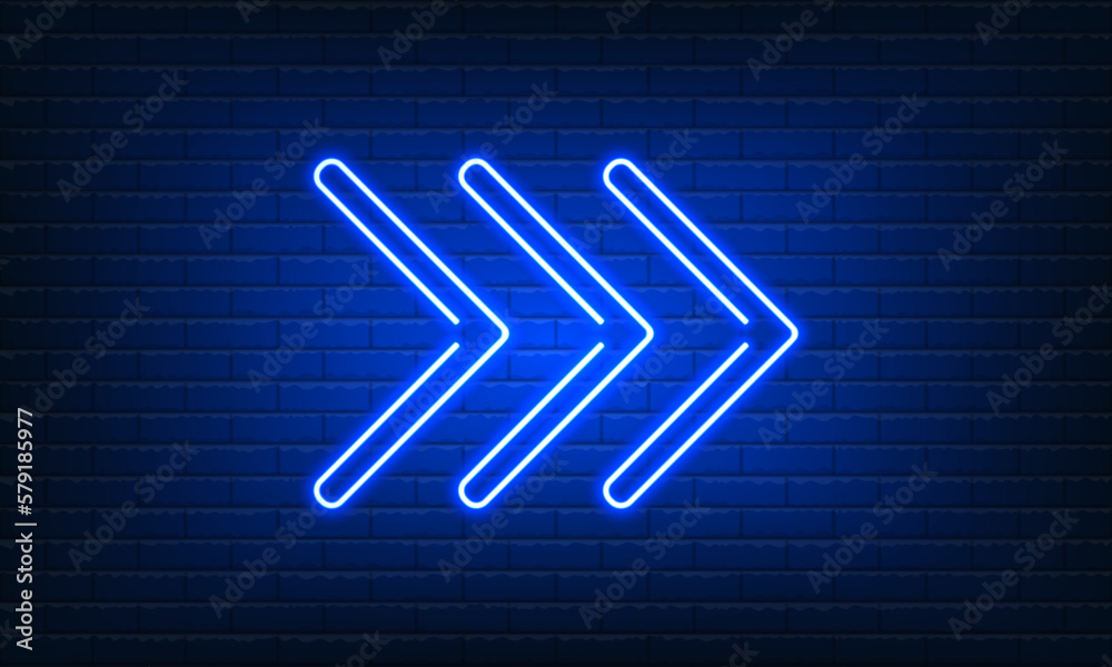 Neon sign Arrow Right blue on brick wall background. Vintage electric ...