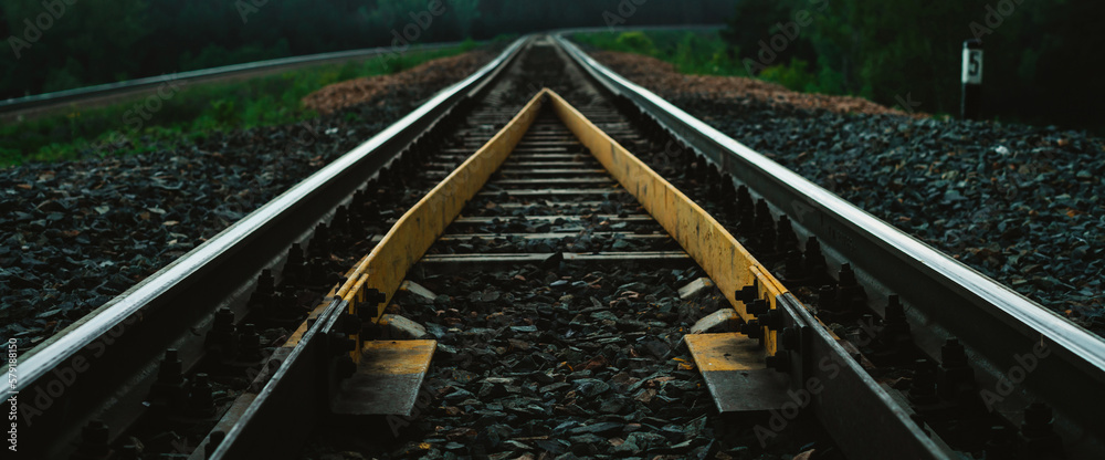 Dramatic scenery with railway in perspective and turn. Journey on rail ...