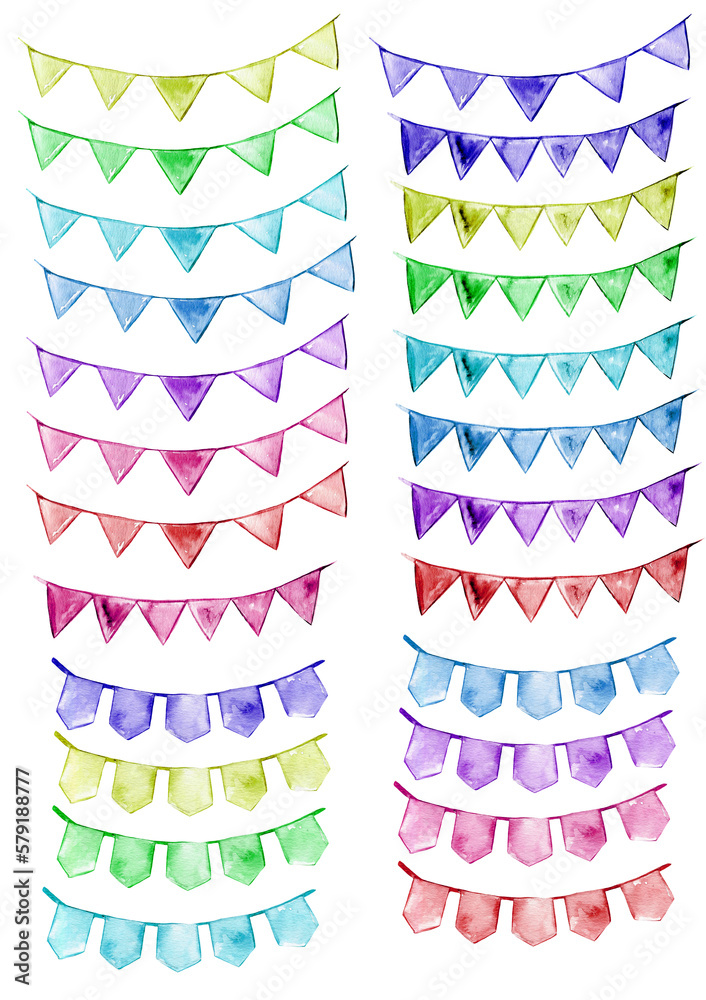Set of bunting banners, 300 dpi png, watercolor clipart, colorful ...