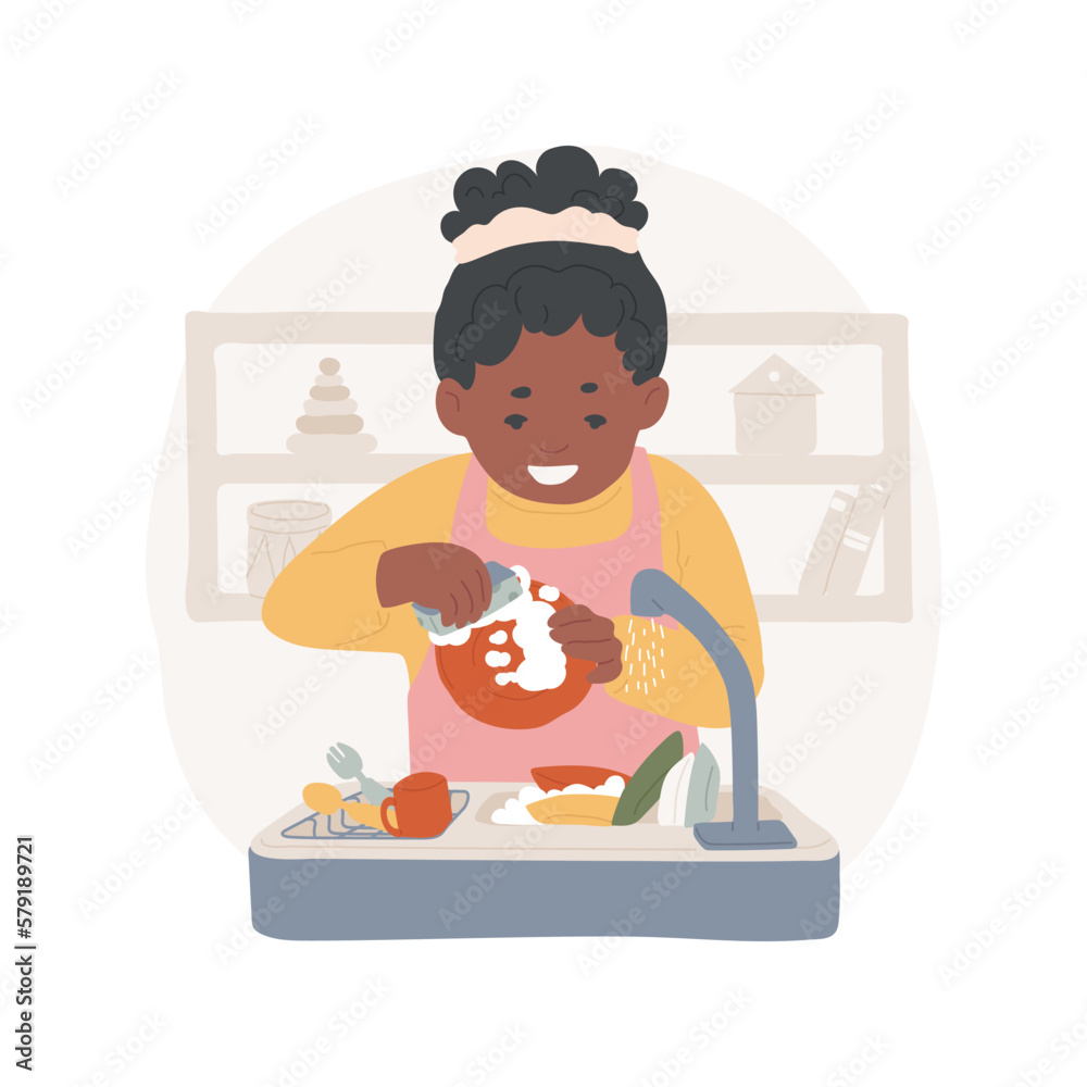 Learning to wash dishes isolated cartoon vector illustration. Washing ...