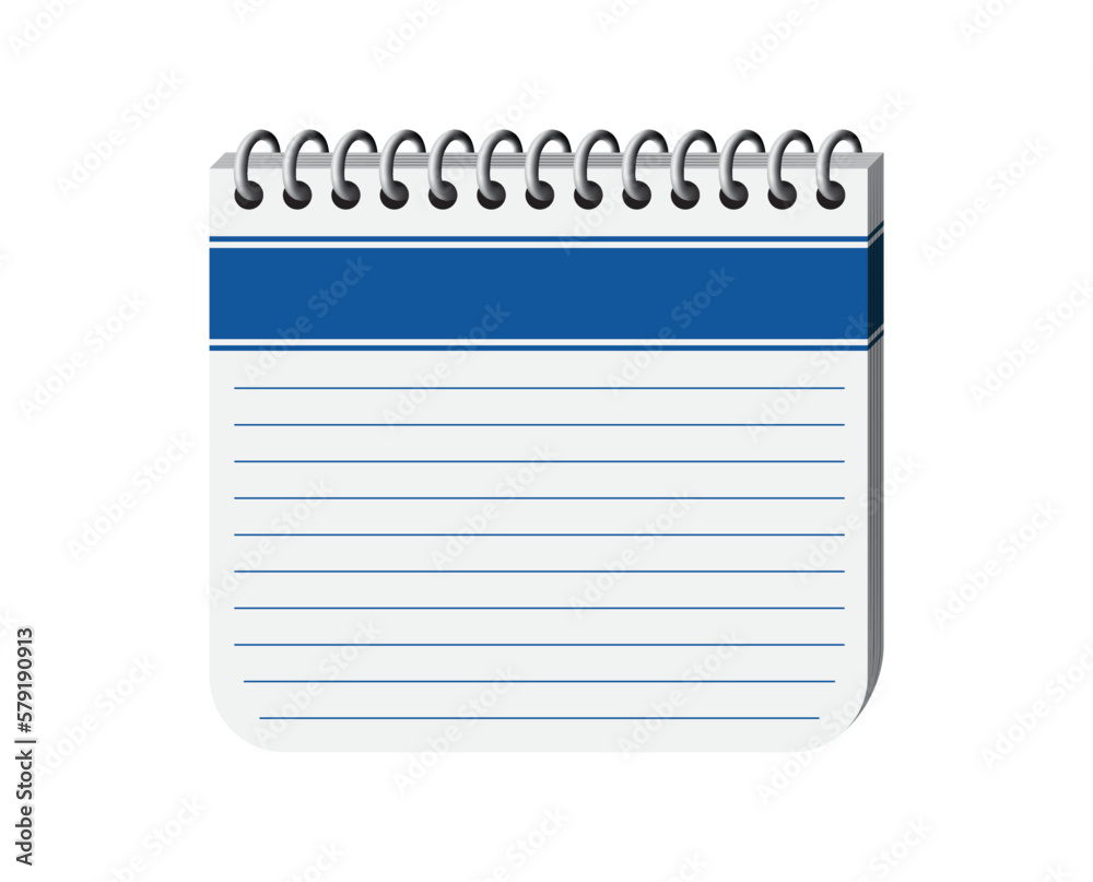 3d spiral notebook, blank page notepad vector illustration. White blue ...