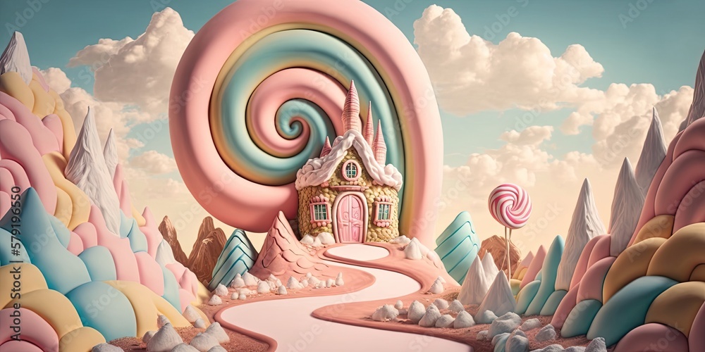 Colorful candyland in pastels. Candy castle with ice cream and lollipop ...