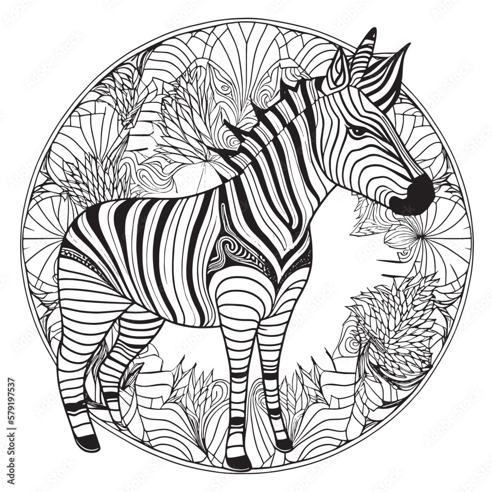 A majestic Zebra illustration in a stylish composition. Adult coloring ...