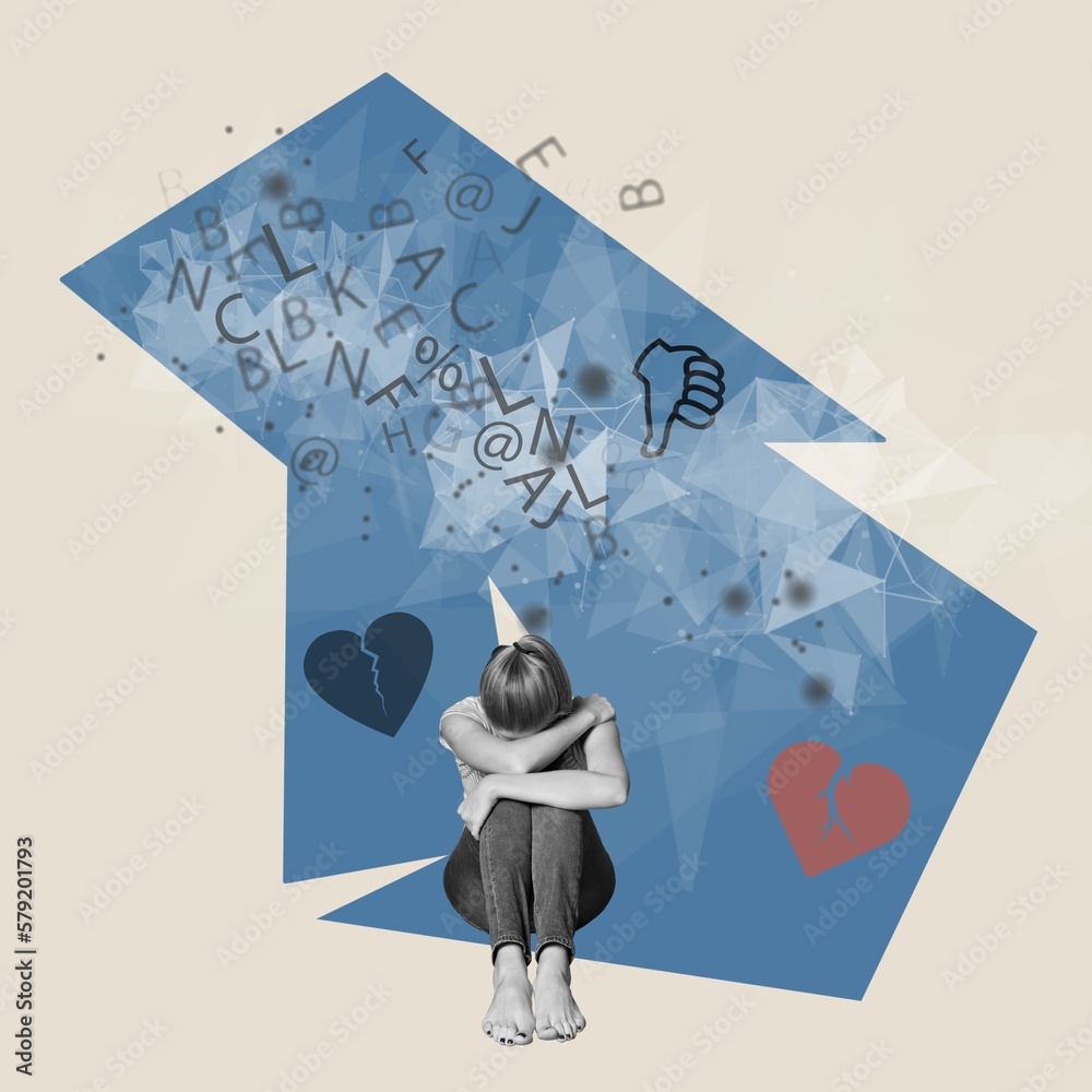 Contemporary collage. Depressed sad person suffering from media abuse ...