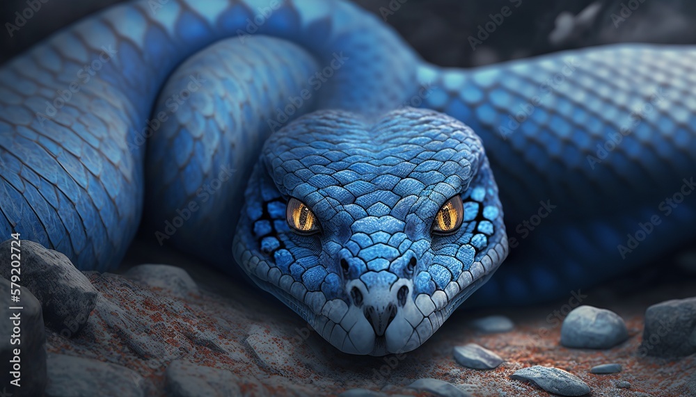 Blue viper snake angry looking face close up. Wildlife animal ...