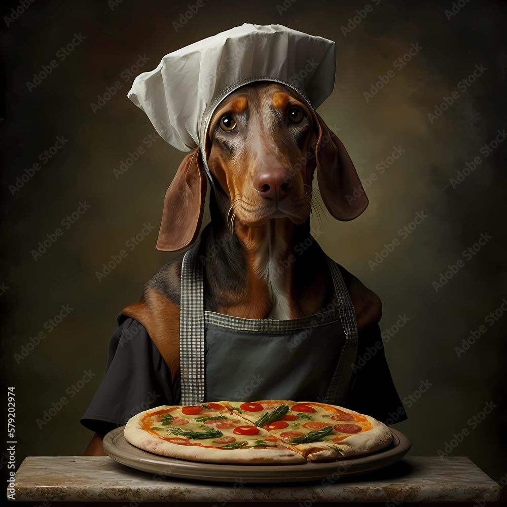 Portrait of a Greyhound Chef wearing a Chefs toque, apron and making a ...