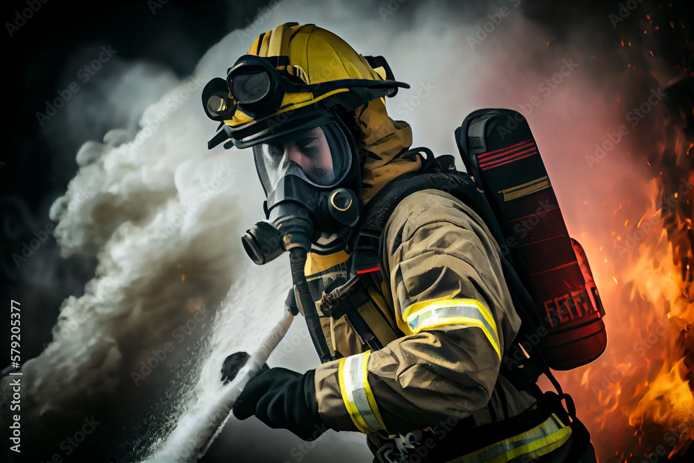 firefighter using water and a fire extinguisher to fight the flames of ...