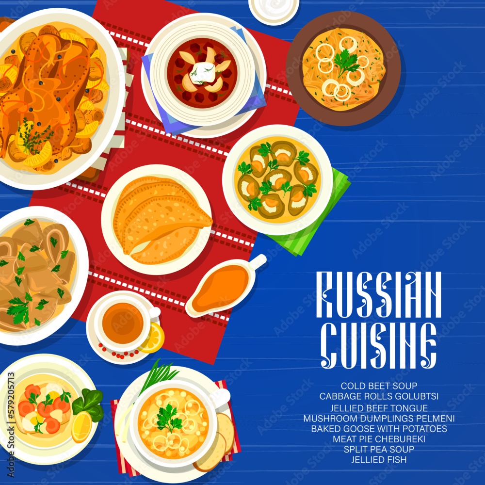 Russian cuisine food menu page cover design. Split pea soup, jellied ...