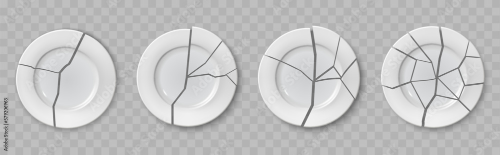 Ceramic broken plates with cracks, porcelain and kitchen dish shattered ...