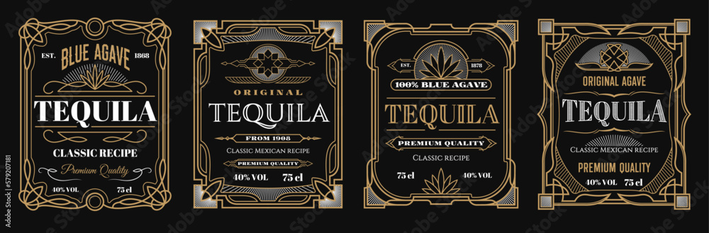 Vintage tequila labels, alcohol frames background, Mexican drink ...