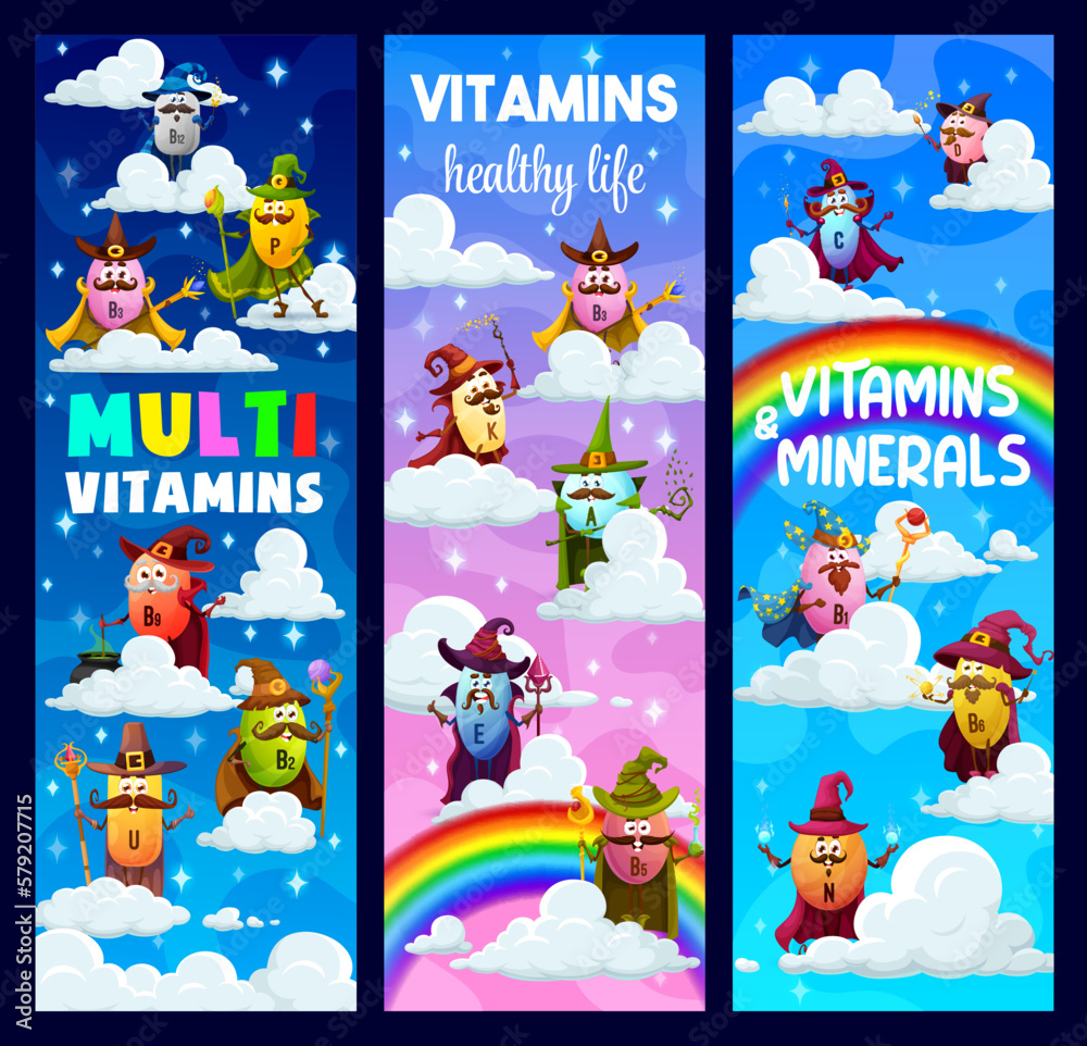 Cartoon vitamin wizard and mage characters on rainbow and clouds ...