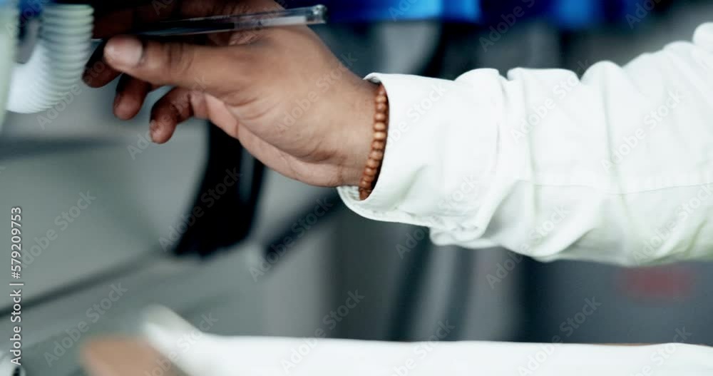 Engineer, hands and writing on clipboard for checklist, inspection or ...