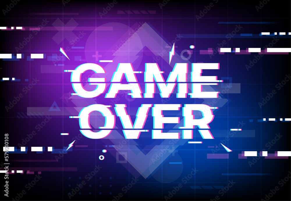 Game over screen glitch background. Vector vintage poster with digital ...