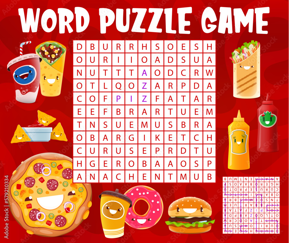 Word search puzzle game, cartoon cheerful takeaway fast food characters ...