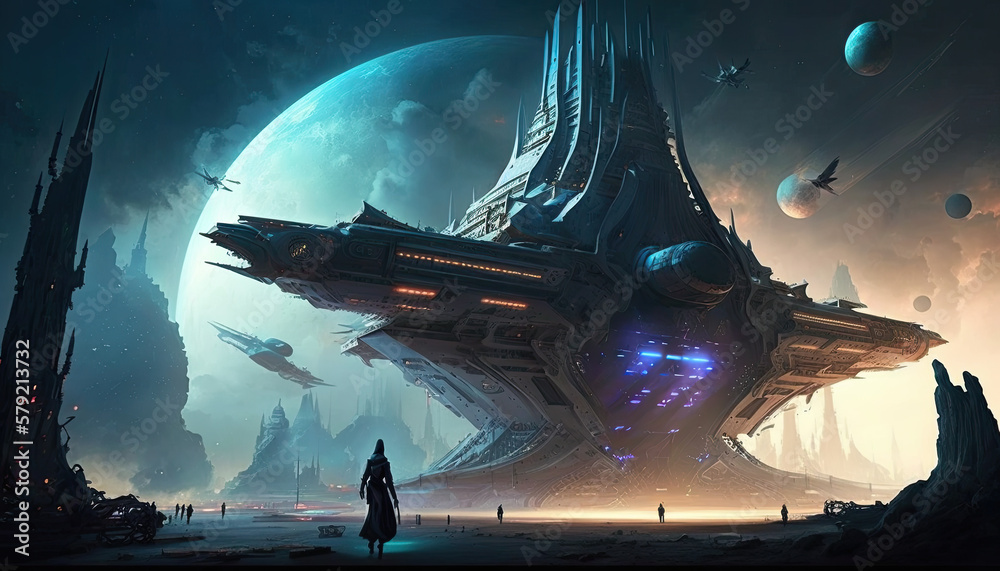 Galactic Starship Outpost Sci-Fi landscape generative ai illustration ...