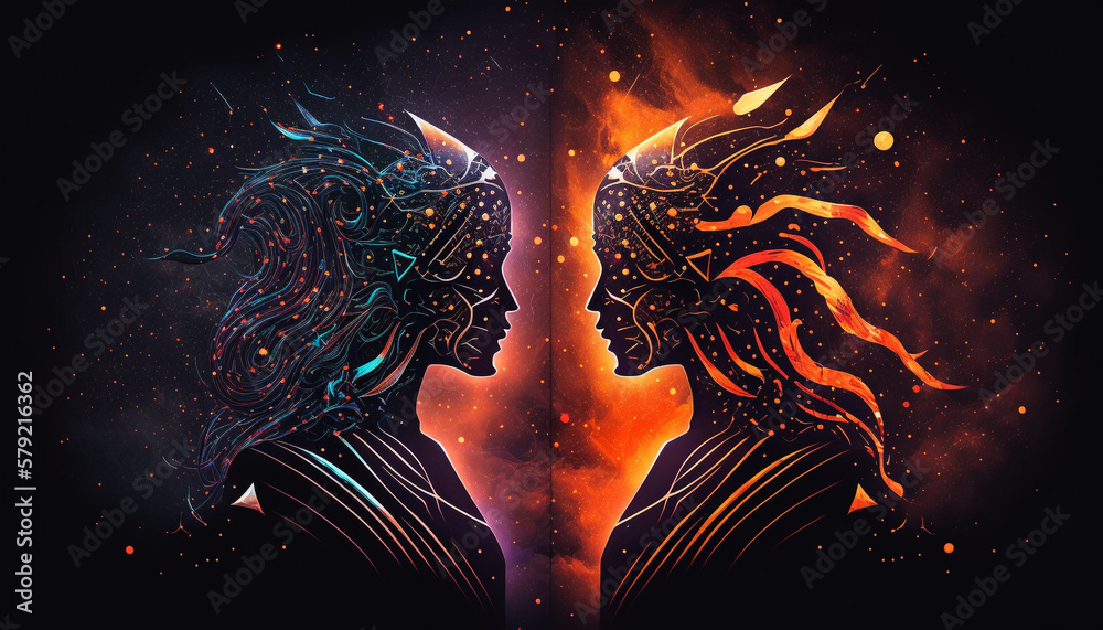 Zodiac Signs: Gemini in Fiery Colors and Dynamic Lines on Starry Sky ...