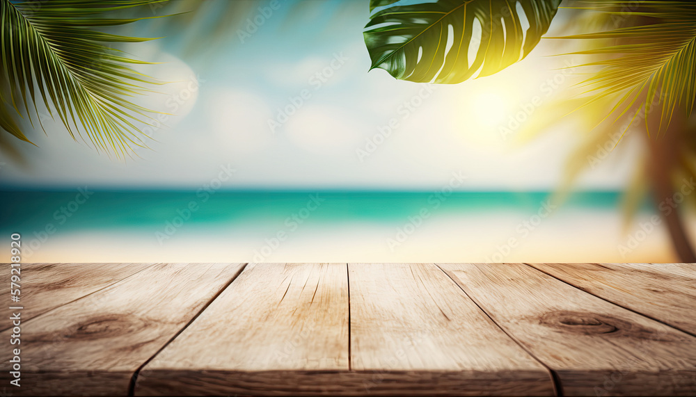 beautiful beach. Top of wood table with seascape and palm leaves, blur ...