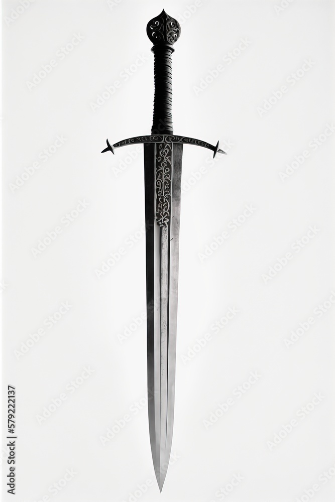 épée ou glaive médiéval isolé sur fond blanc, centré, noir et blanc ...