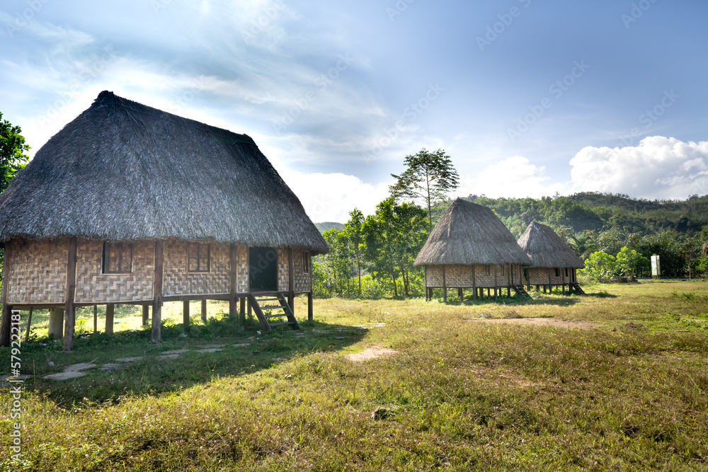 Rong house in Bahnar villages in Highland Vietnam. Rong house is used ...