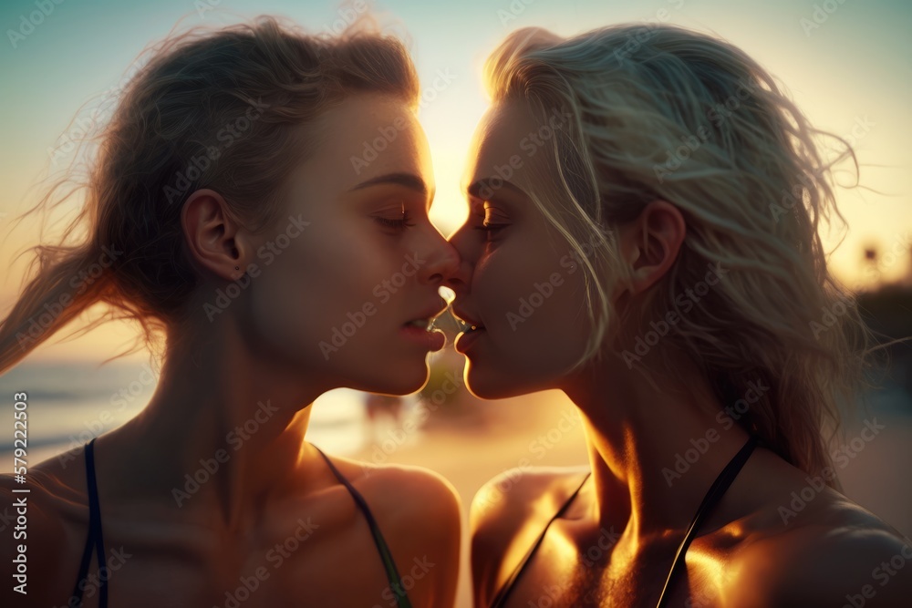 Young blonde lesbian couple kissing at the beach. Generative AI Stock Illustration | Adobe Stock