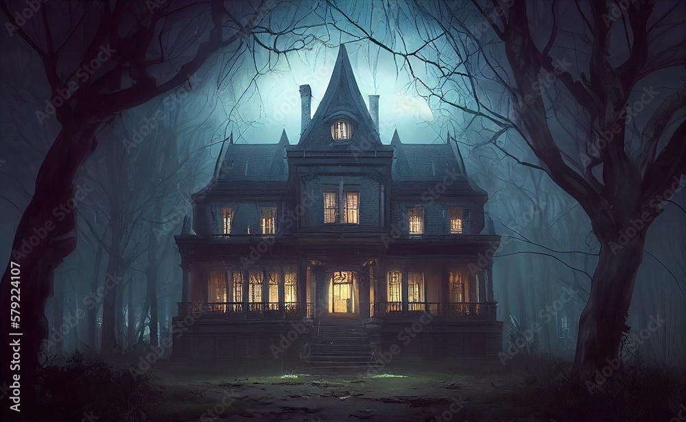 une maison hantée ou manoir sombre de nuit ambiance horreur, lune et ...