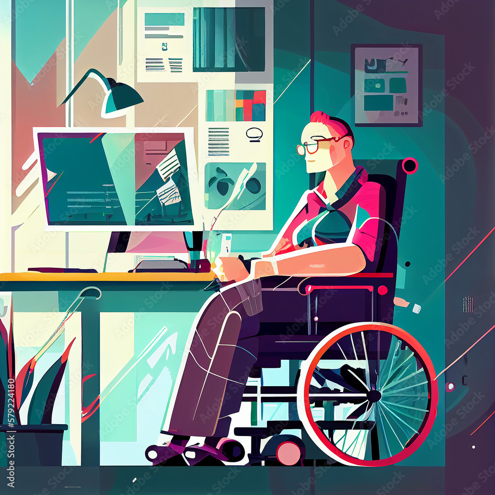 Disabled People in the Workplace: Flat Cartoon Illustration. Created ...