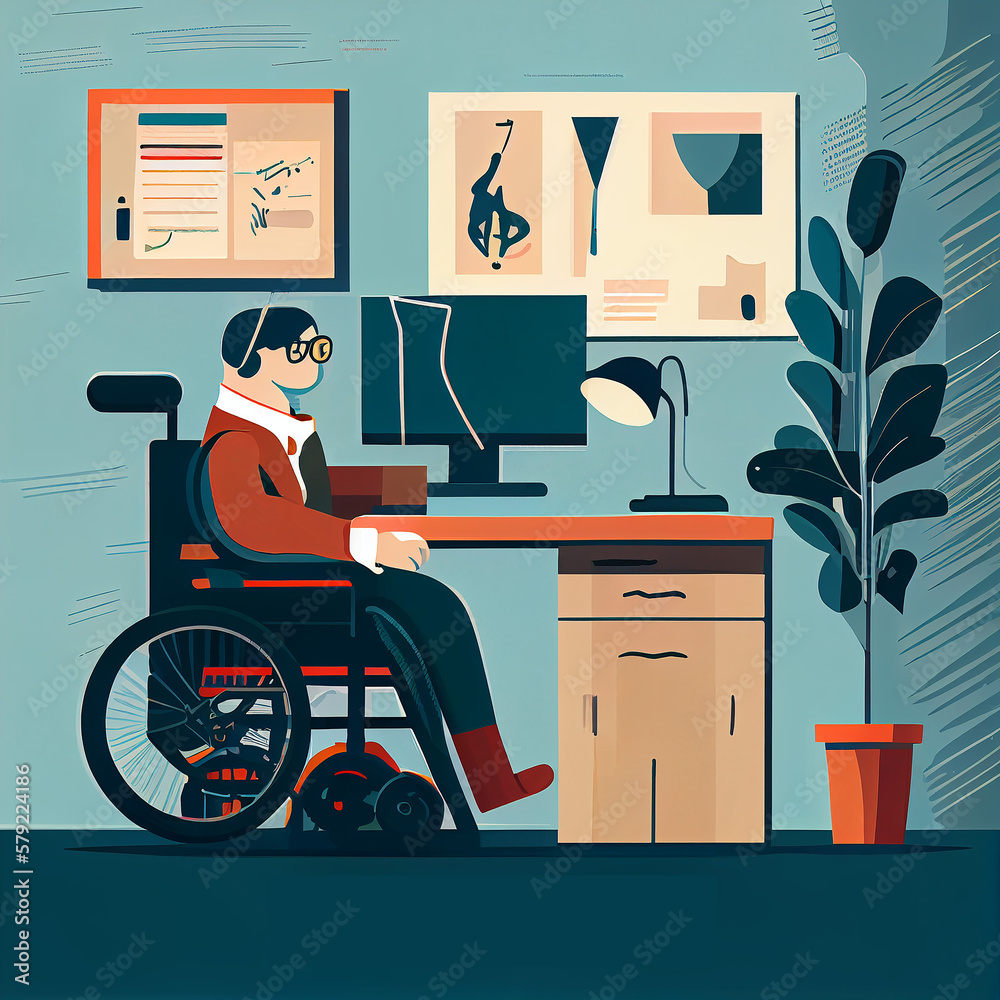 Disabled People in the Workplace: Flat Cartoon Illustration. Created ...